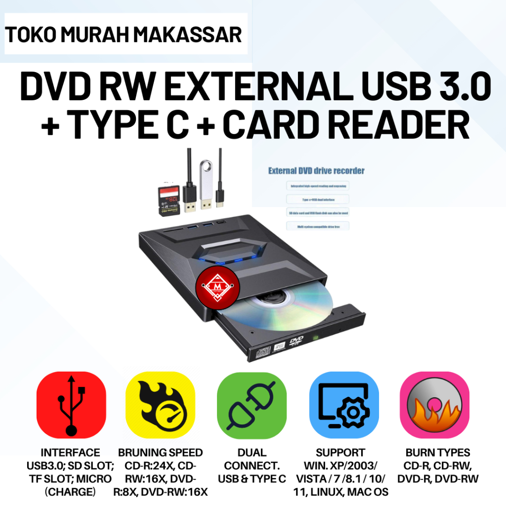 5 in 1 External DVD-RW USB 3.0 + Type-C + M-tech Card Reader / DVD ...