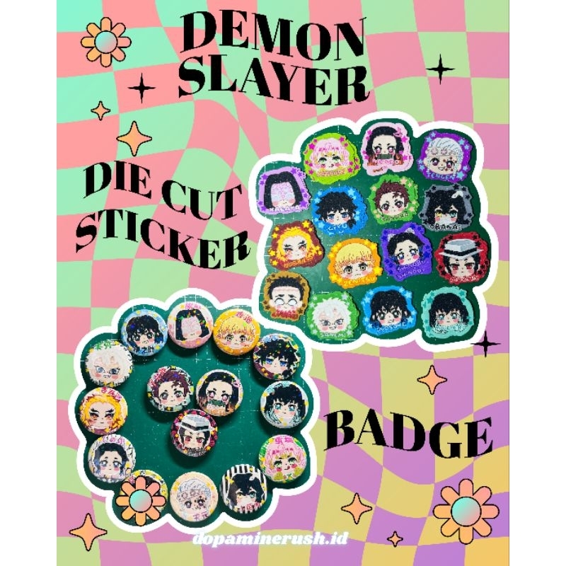 DEMON SLAYER BADGE/ PIN & DIE CUT STICKER GLITTER KIMETSU NO YAIBA ...