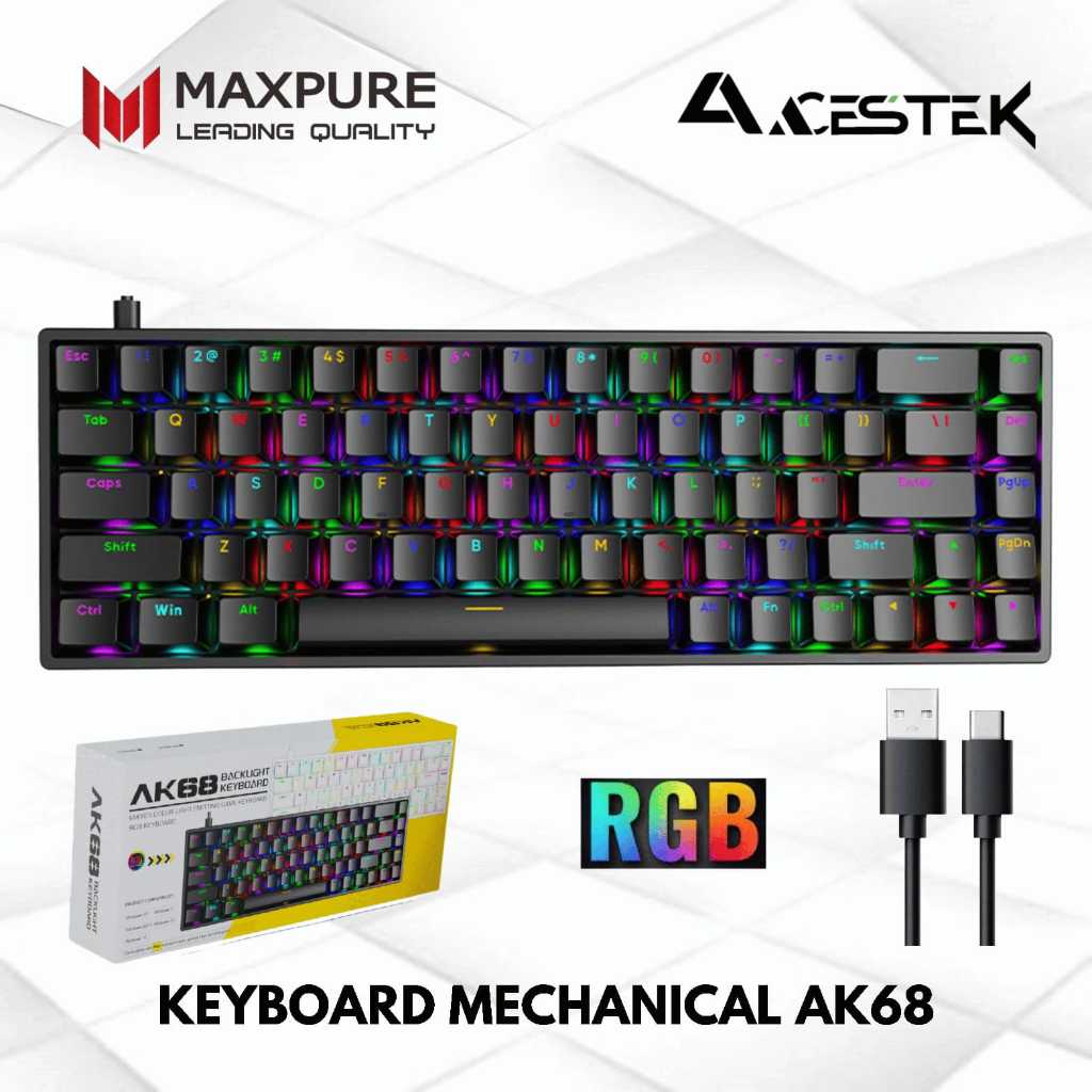 Keyboard Mechanical AK68 RGB AK 68 Key Blue switch 65% layout white USB ...