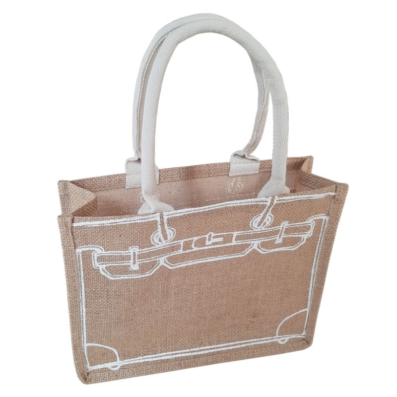 Laminated Jute Bag 30x12x23cm full Handle Offwhite screen printing ...