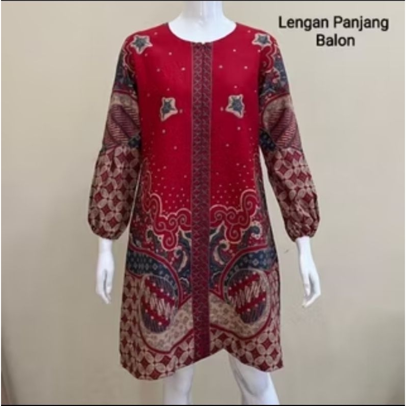 KEMEJA MATAHARI MERAH Tunic dress batik red sun motif Batik uniform ...
