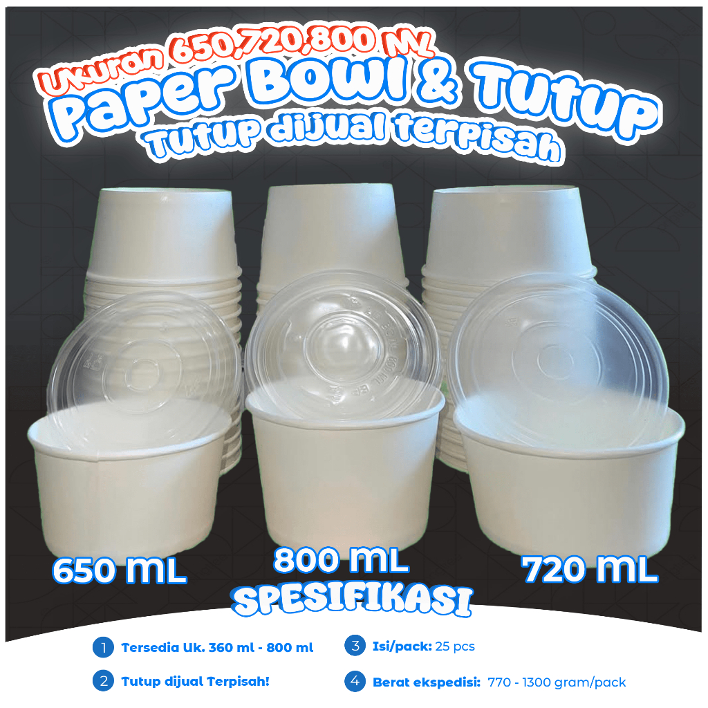 Plain White Paper Bowl Size 650, 720, 800 ml Contents 25 pcs / Paper ...