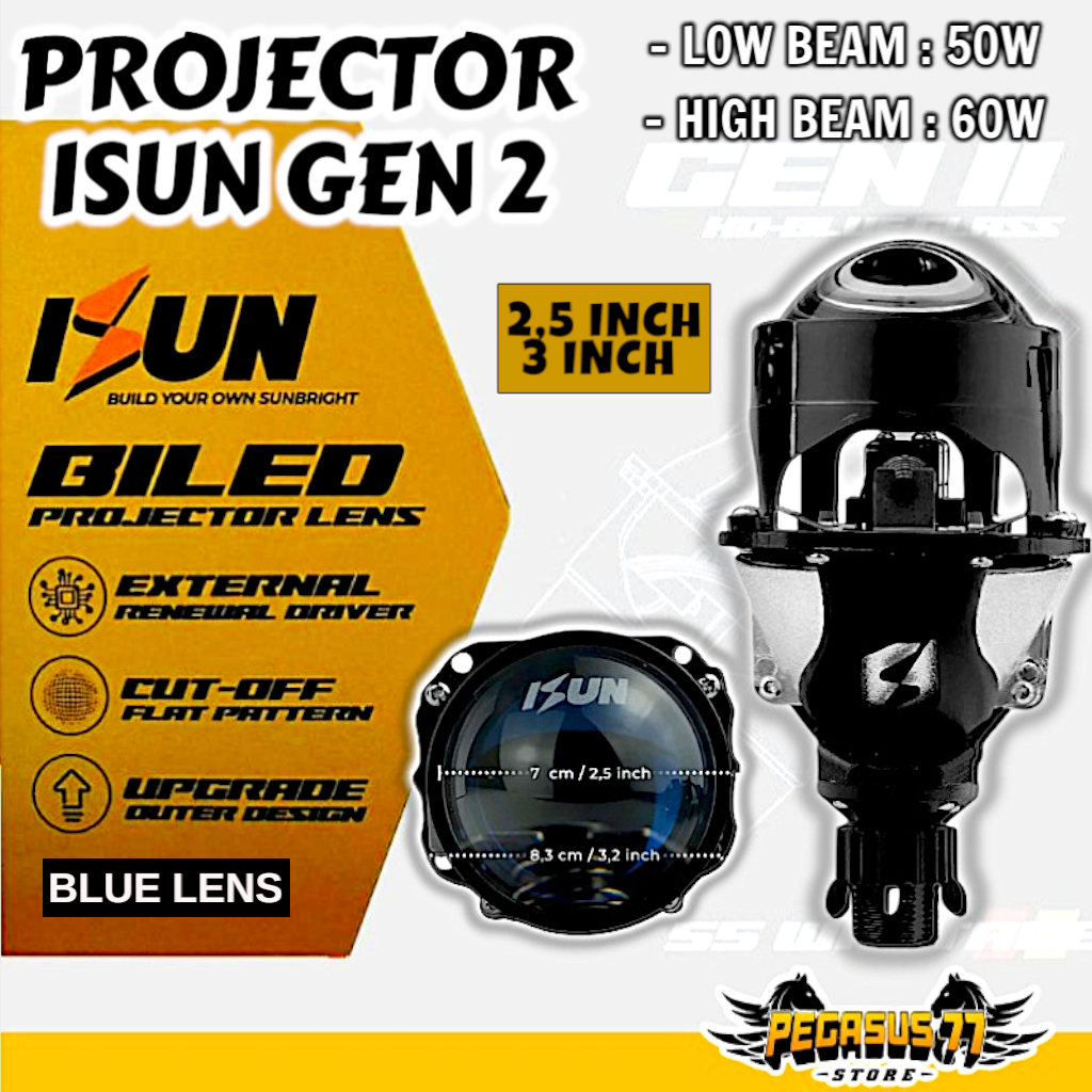 Isun GEN-2 2.5 INCH AND 3 INCH BILED PROJIE DC 12V 55W BLUE LENS LED ...