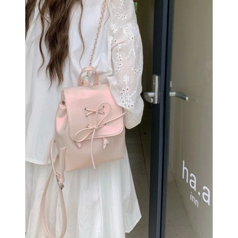 Womens Small Backpack Pu Leather Ribbon Girls Carrying Bag Korean Bag Mini Backpack Mini