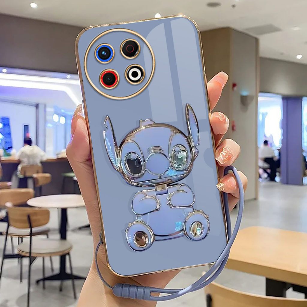 Tecno Spark 30 Pro Silicon Case Cute Stitch Plating Mirror Holder ...
