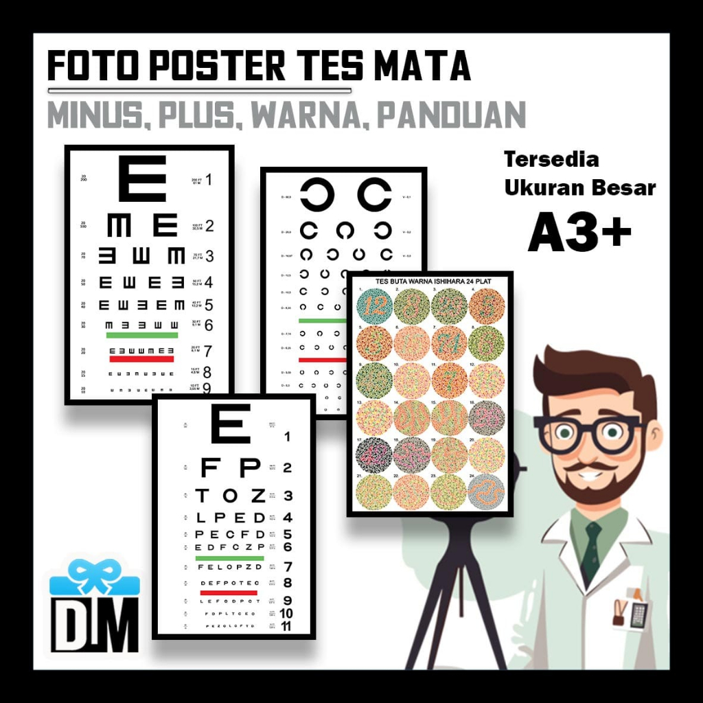 MATA Large A3 Eye Test Poster A3+ Size 32cm x 48cm Minus Plus Color ...