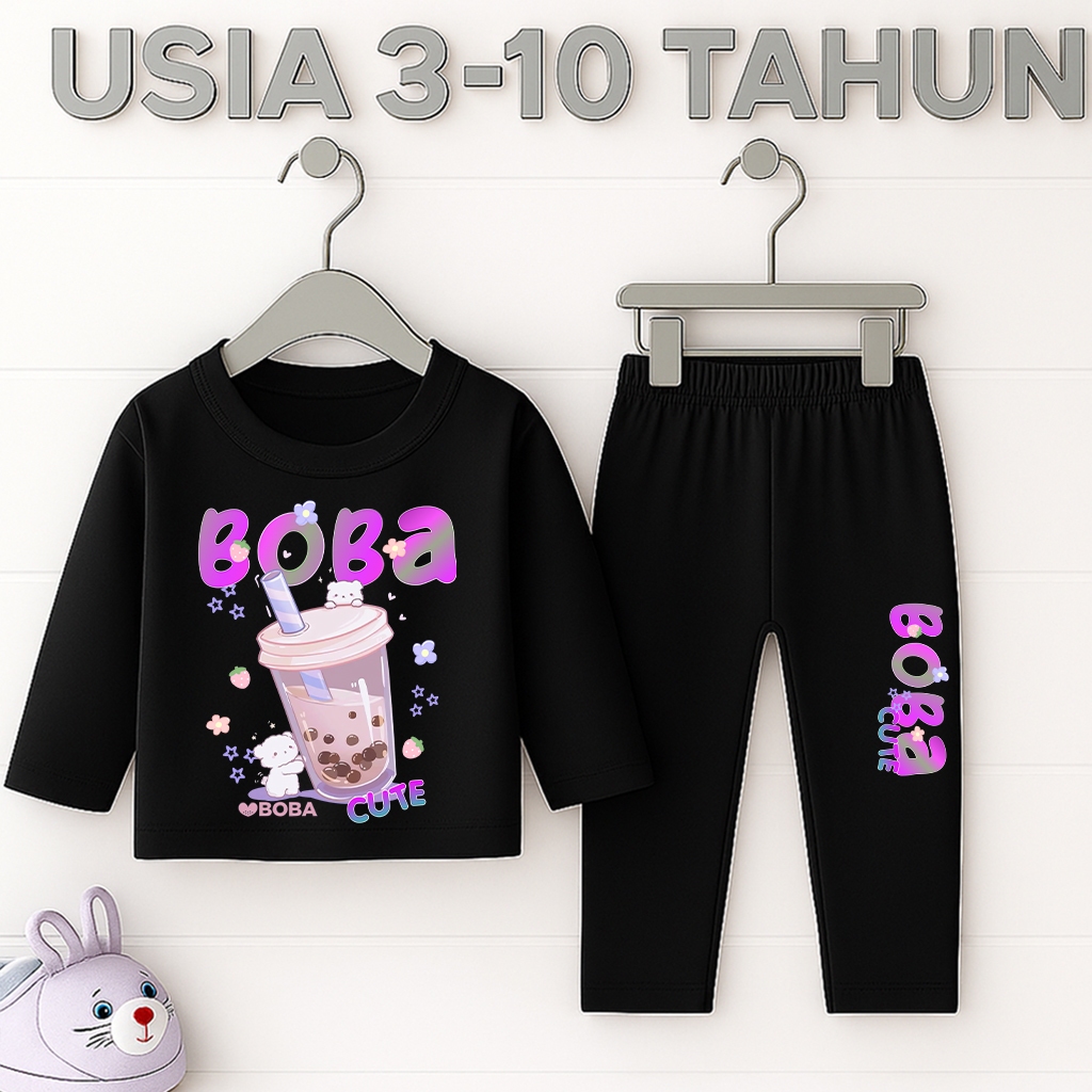 Girls' Pajamas Set with Bubble Boba Pattern, Long Sleeves, 3-10 Years ...