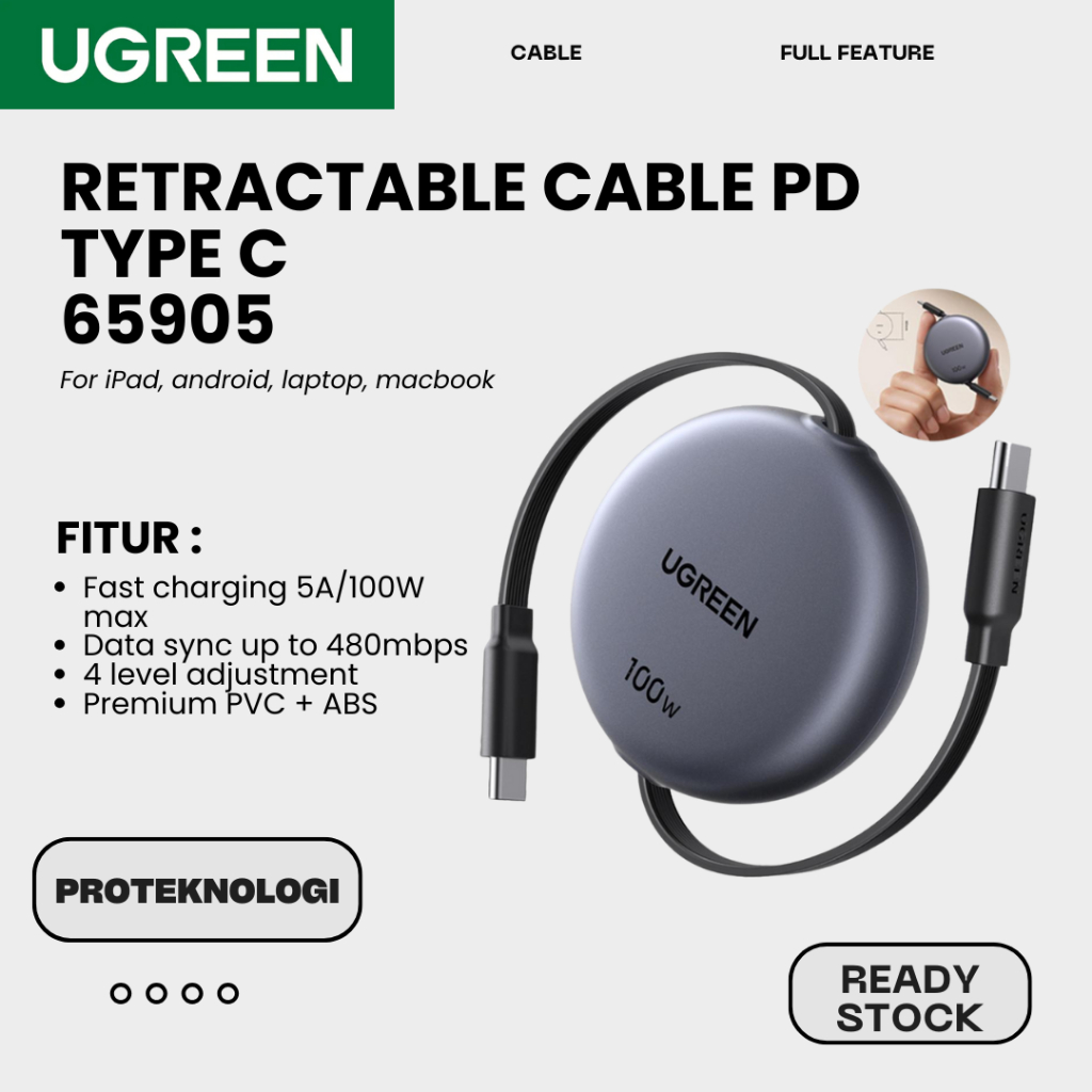 UGREEN 65905 Nexode Type C to Type C Fast Charging Retractable Cable ...