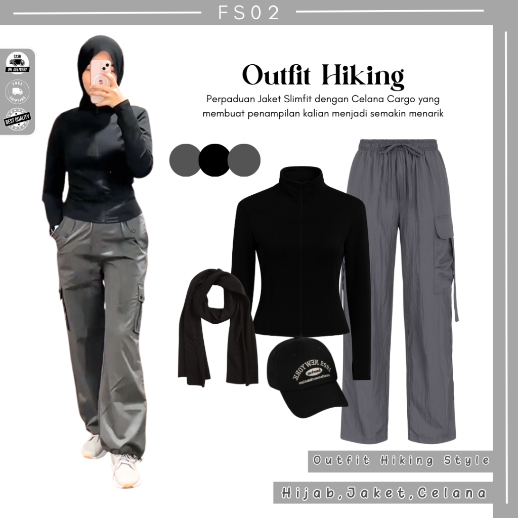 Novi Oneset Hiking Kekinian (Pashmina + Hat + Jacket + Pants) Cool ...