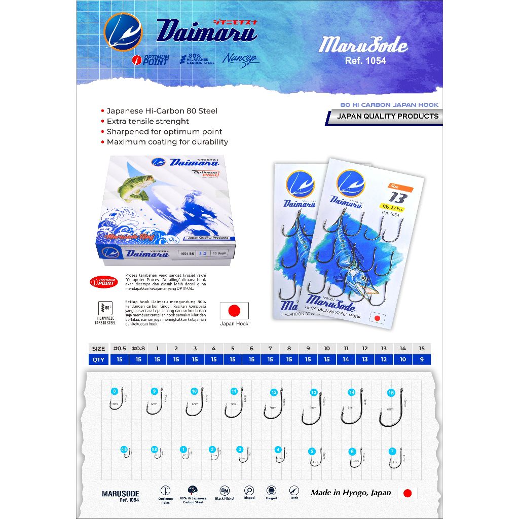 Daimaru Marusode 1054 Fishing Hook, Hi Carbon 80 Steel HOOK, No. 0.5 ...