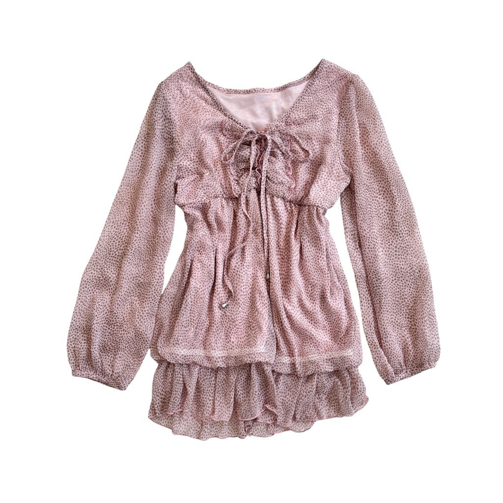 Mori vintage pink pastel blouse tunic long sheer sleeve ruffle tie ...