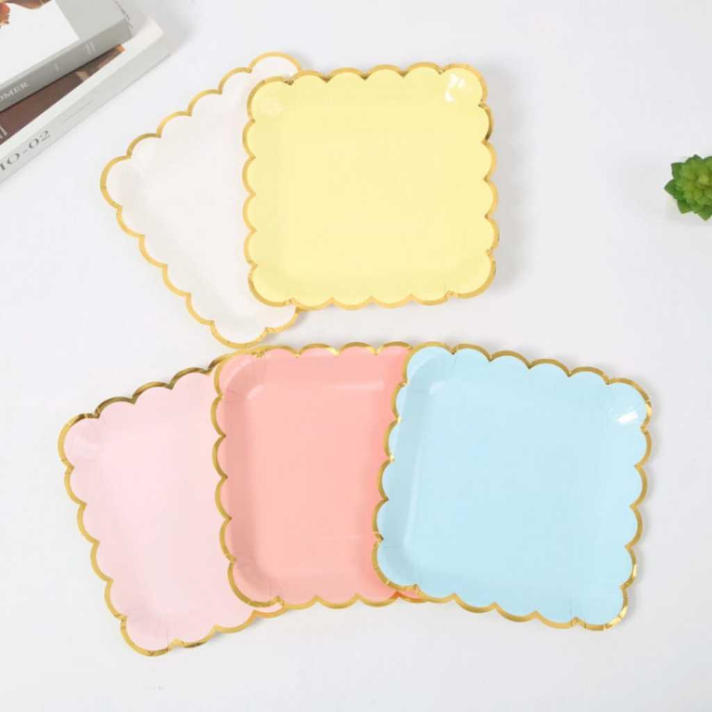 [10 PCS] Pastel Color Plates with Gold Trim, Square Paper | Shopee ...