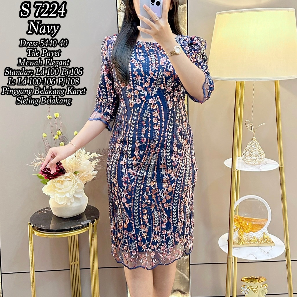 7224 Standard-Jumbo Spangle Embroidery Tile Span Dress Women's Slim ...