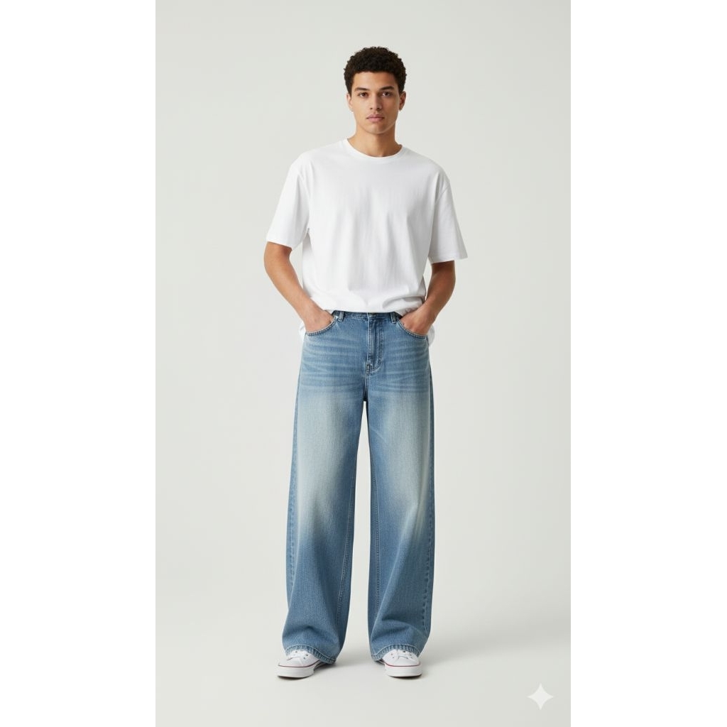 Atiga - Wide Leg Jeans Wisker Wide Baggy Skena Blue Bleach Bio Wash ...
