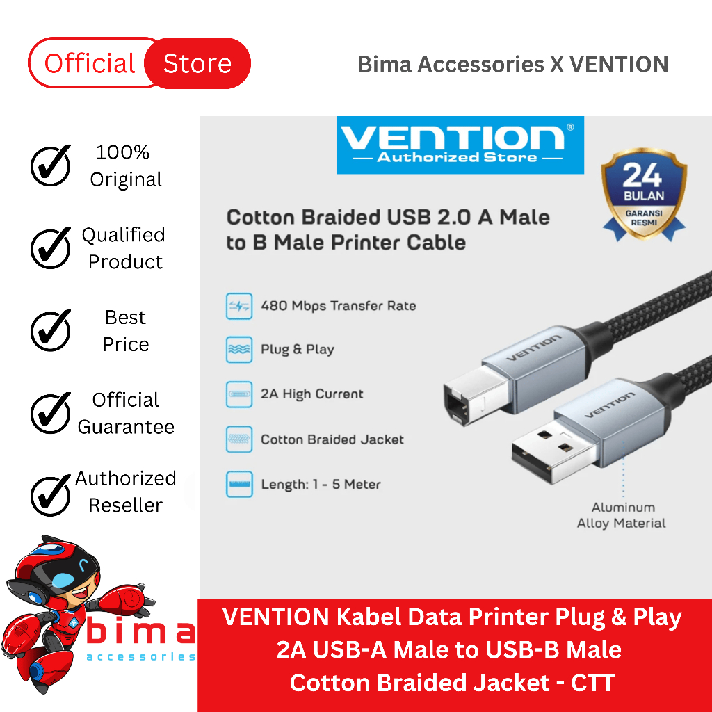 VENTION Printer Data Cable Plug & Play 2A USB A to USB B Male Cotton ...