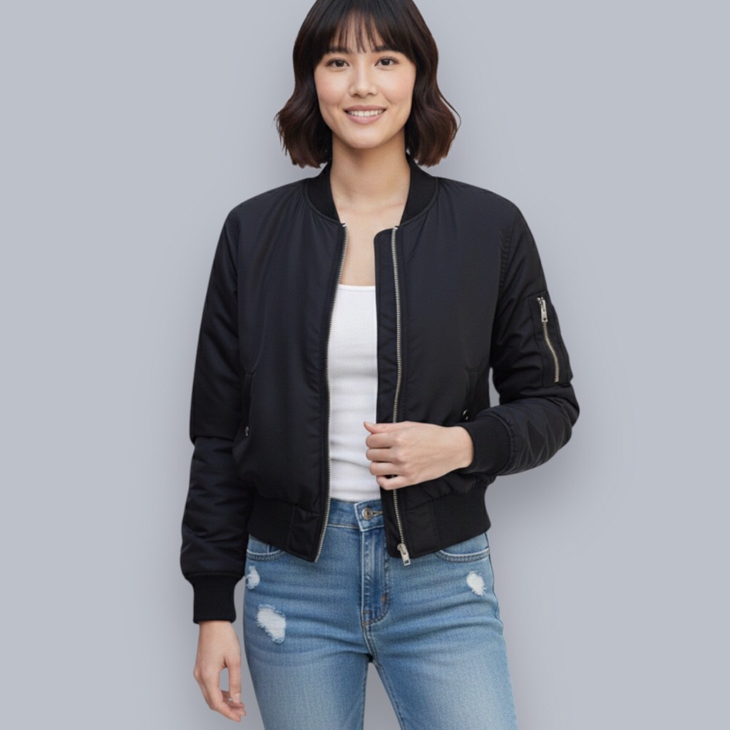 JS New York Full Black Women's Imported Crop Bomber Jacket | Shopee ...
