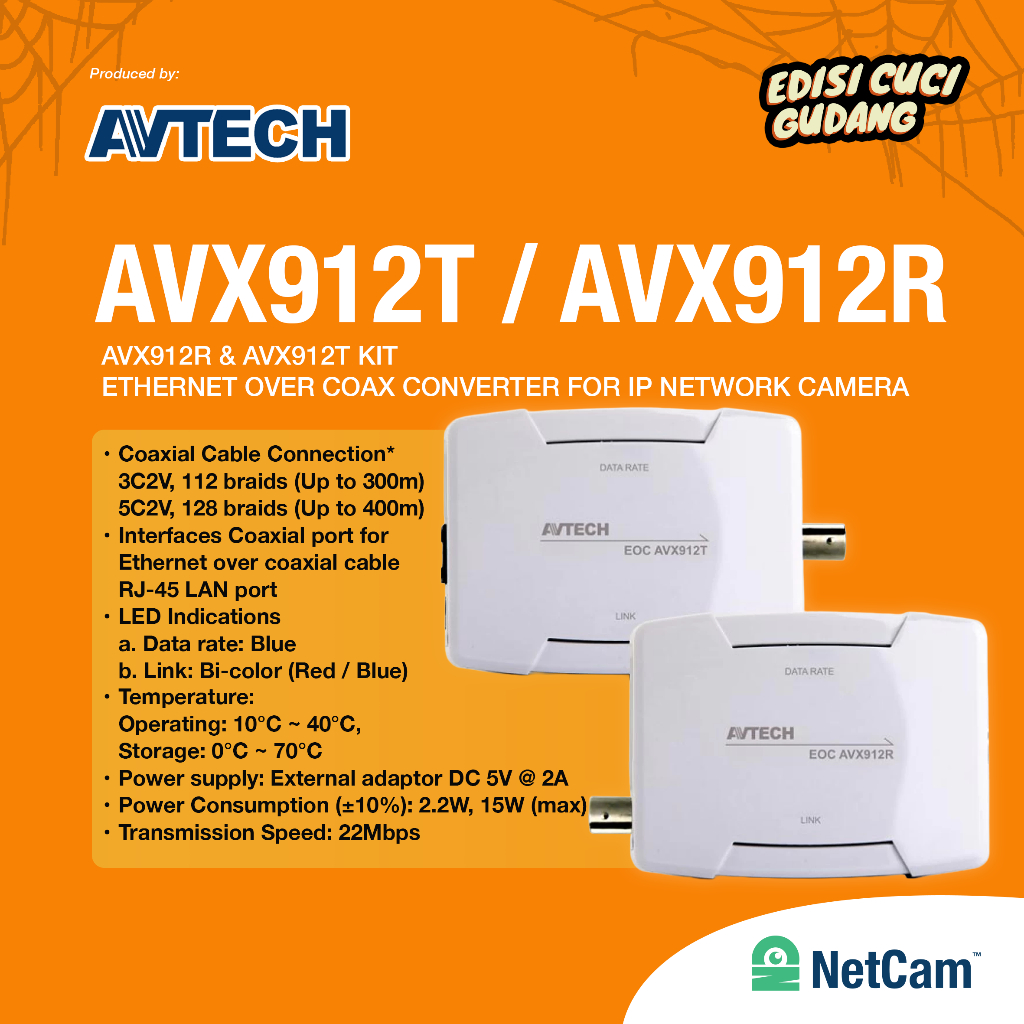 AVTECH CONVERTER KIT AVX912T / AVX912R OTHERNET OVER COAX CONVERTER ...