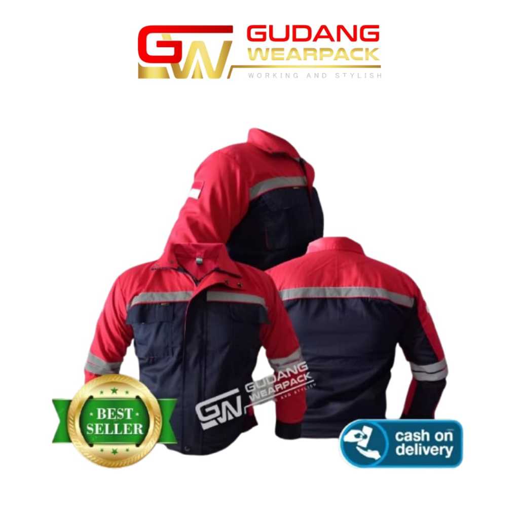 MERAH Dark Red Full Chest Semi-Jacket Work Wear | Shopee Philippines