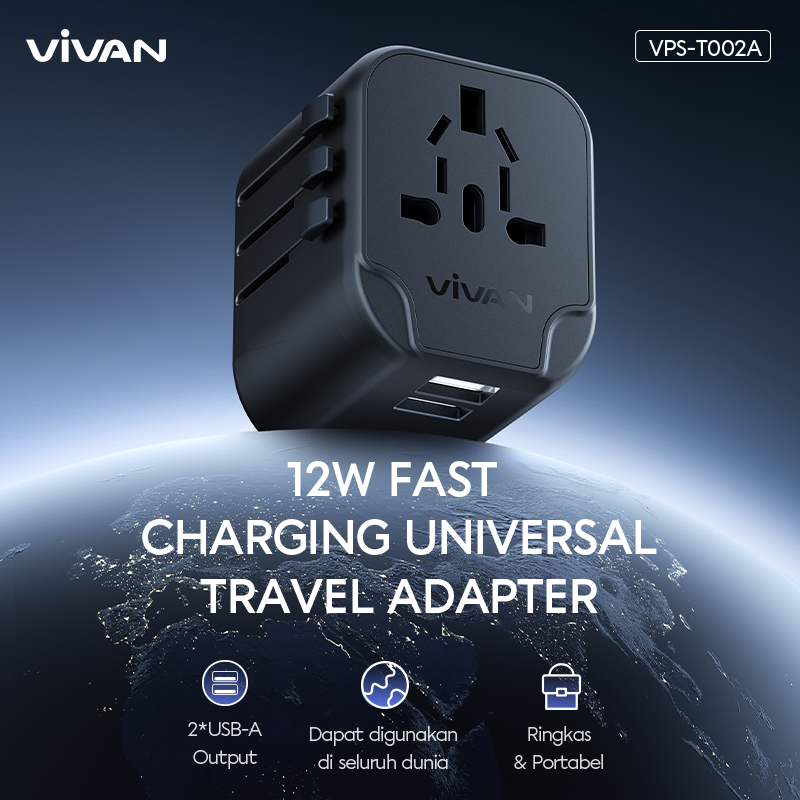 Vivan Travel Adapter 12W VPS-T002A Black Dual USB A Multi-country ...
