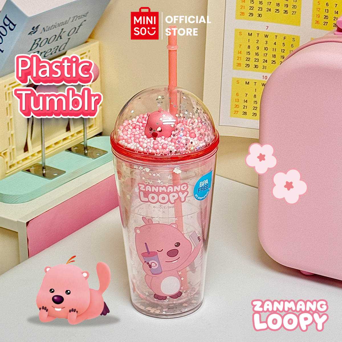 Miniso x ZANMANG Loopy Collection Bottle with Straw Plastic Bottle ...