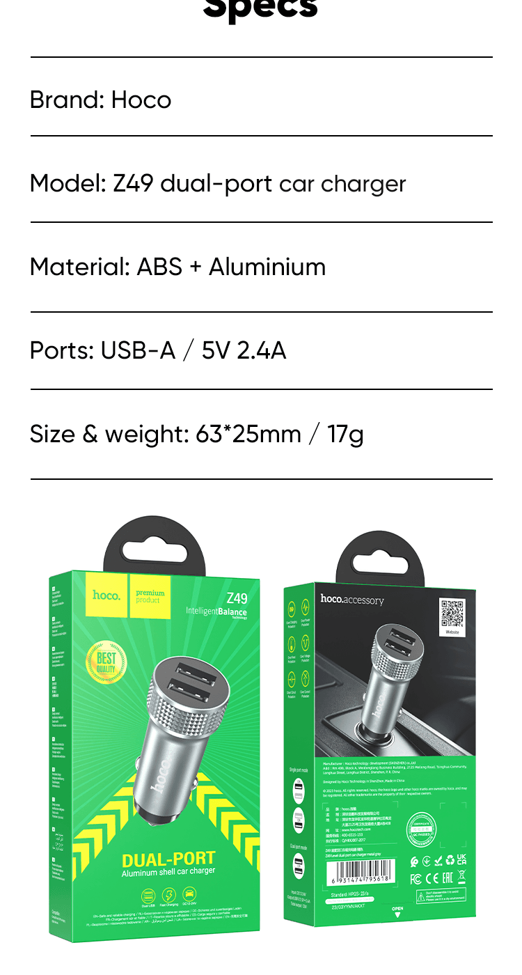 Hoco Car Charger 2 USB Ports Aluminum Alloy Z49 | Shopee Philippines