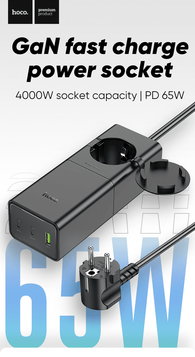 Hoco GaN 65W PD Fast Charger 2 Type-C Ports+USB Port+4000W Power Socket ...