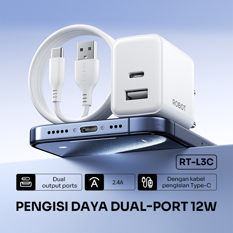 ROBOT Charger Adapter 12W Fast Charging Dual Port with Micro USB Type-C Cable 2.4A Charger Head ...