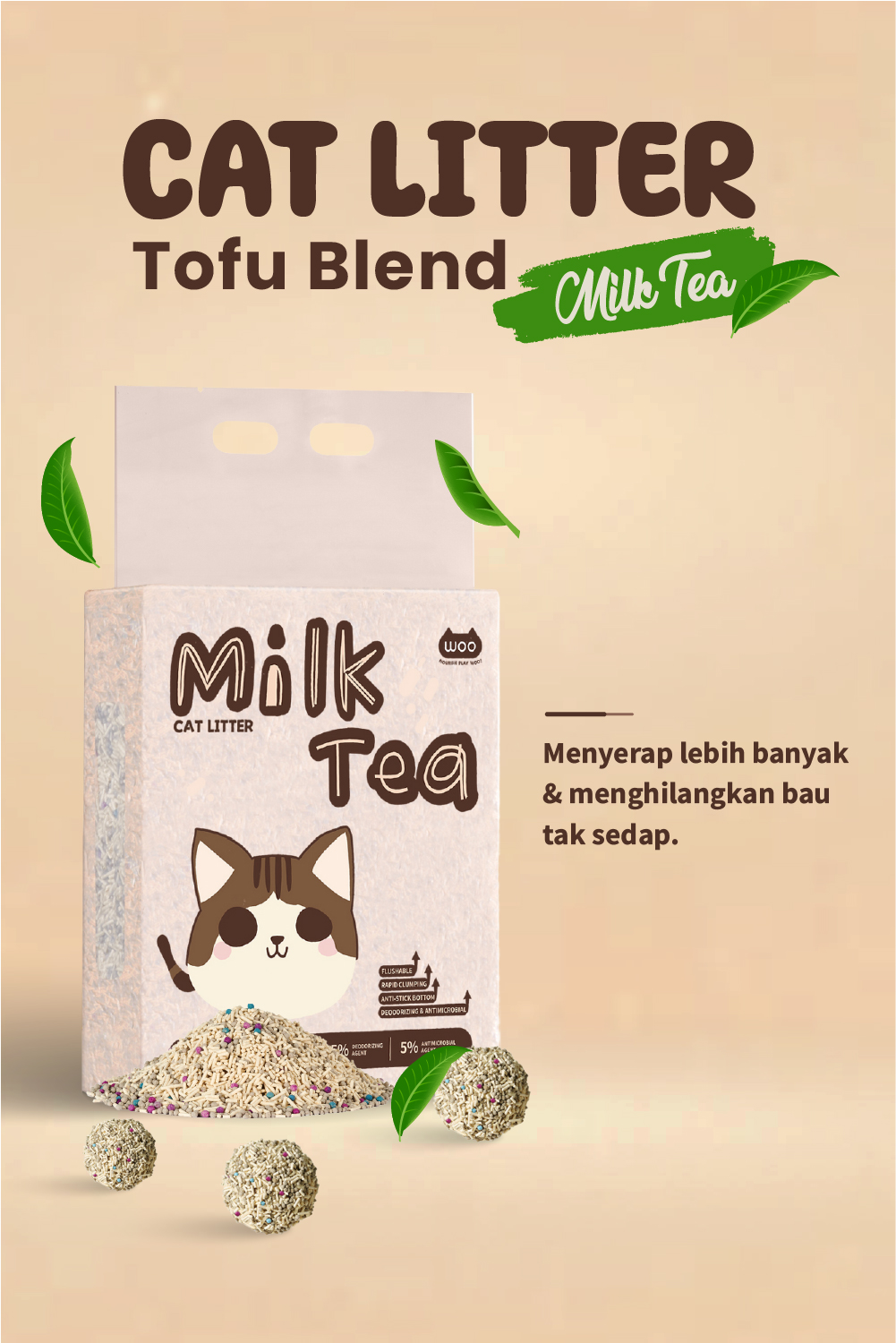 Woo Mix Tofu Bentonite Flushable Milk Tea Cat Litter Low Dust Cat ...