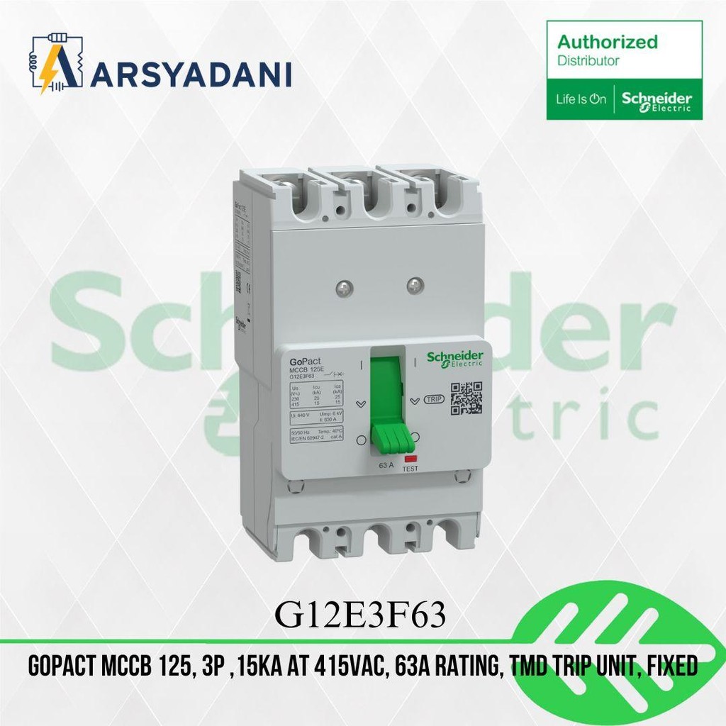 G12E3F63 -GoPact MCCB 125, 3P 15kA at 415VAC, 63A rating, TMD trip unit ...