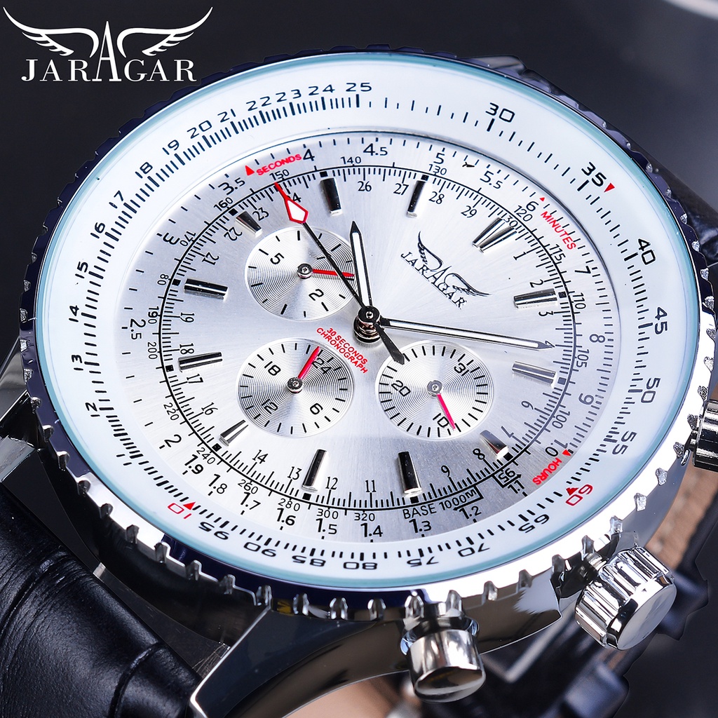 JARAGAR watch series black leather belt 3 dial fashion men's military automatic mechanical watch ...