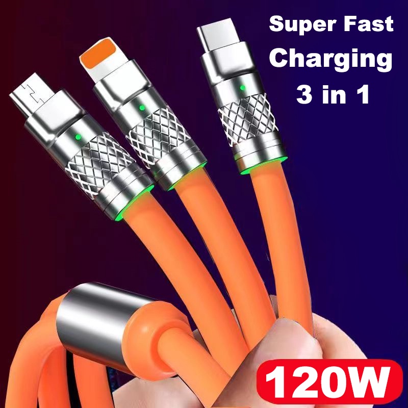 1.2M 3 IN 1 Zinc Alloy Charging Cable 120W 6A Super Fast Charge USB For ...