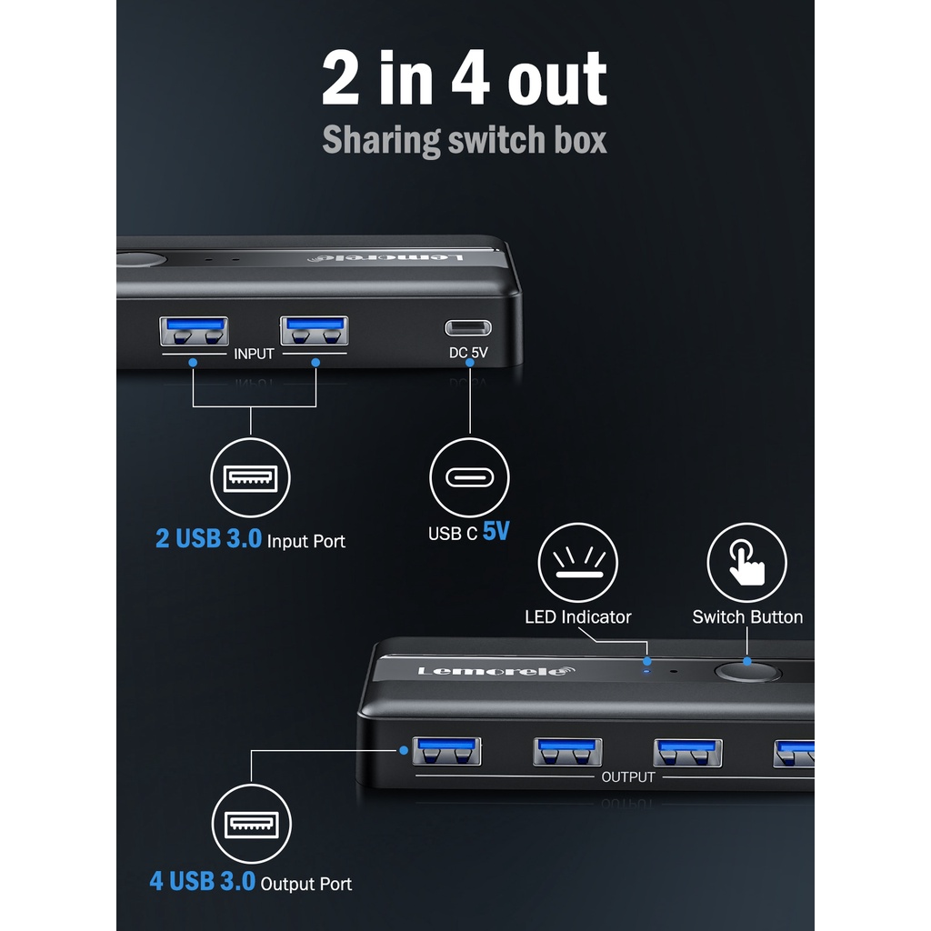 Lemorele H5 USB switch Adapter Shared Adapter equipped with 4 USB 3.0 A for keyboard mouse ...