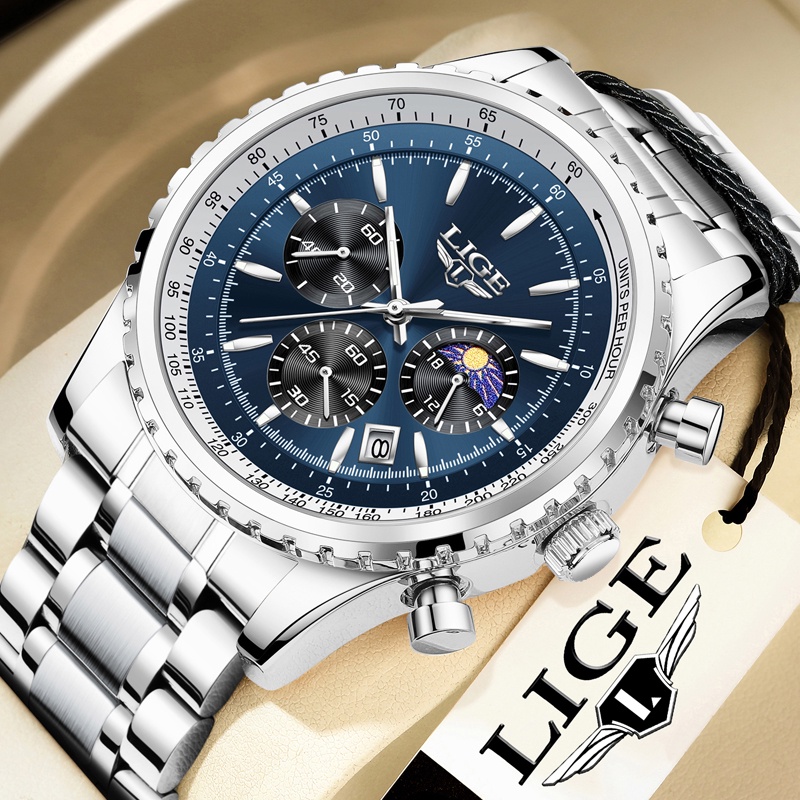 LIGE Men Watch Stainless steel Waterproof Sports Chronograph Quartz ...