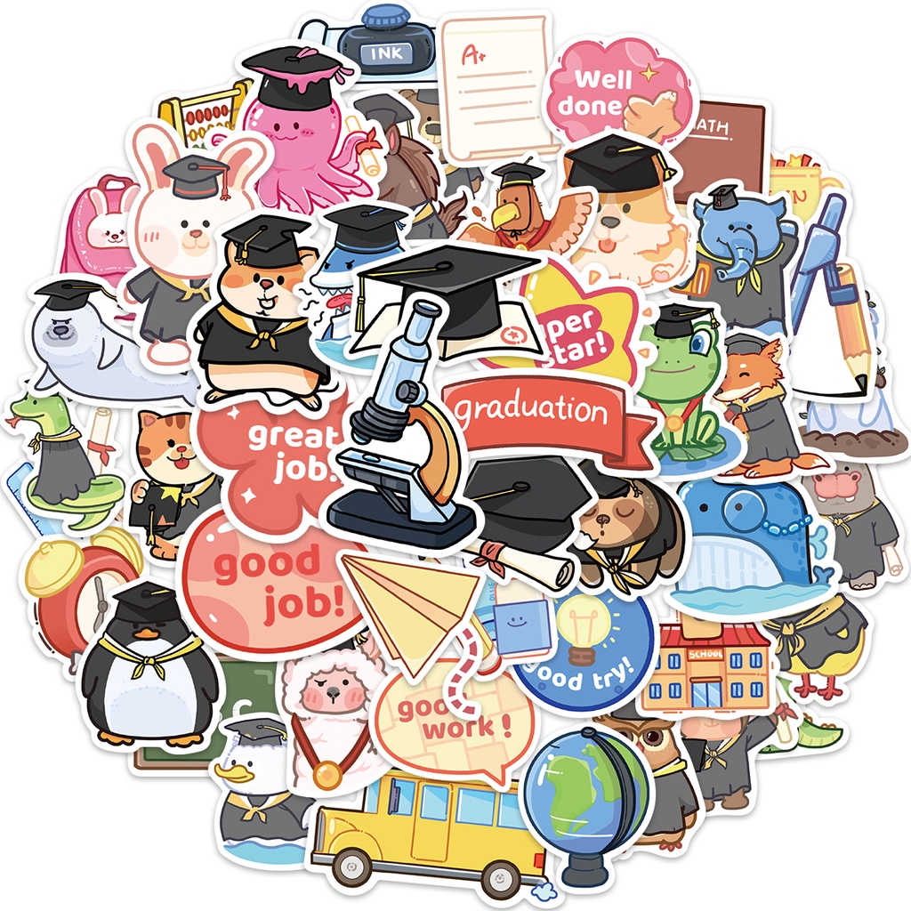 50pcs Graduation Cartoon Animals Stickers Graffiti DIY Water Skateboard ...