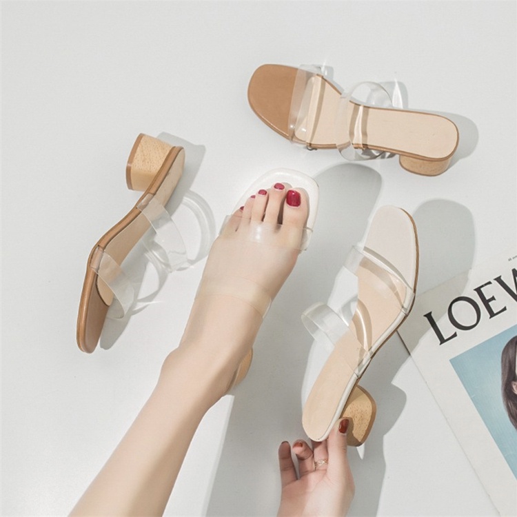 New women's chunky mid-heel summer slippers, transparent upper with ...