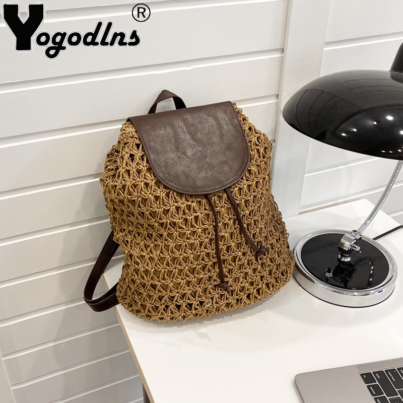 Yogodlns Women Drawstring Straw Backpack Weaving Small Travel Knapsack ...