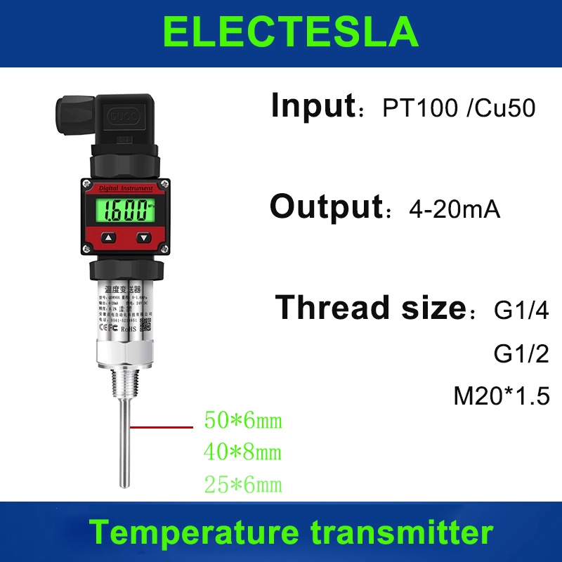 G1/4 LCD Display Plug-in Temperature Transmitter 50x6mm probe size ...