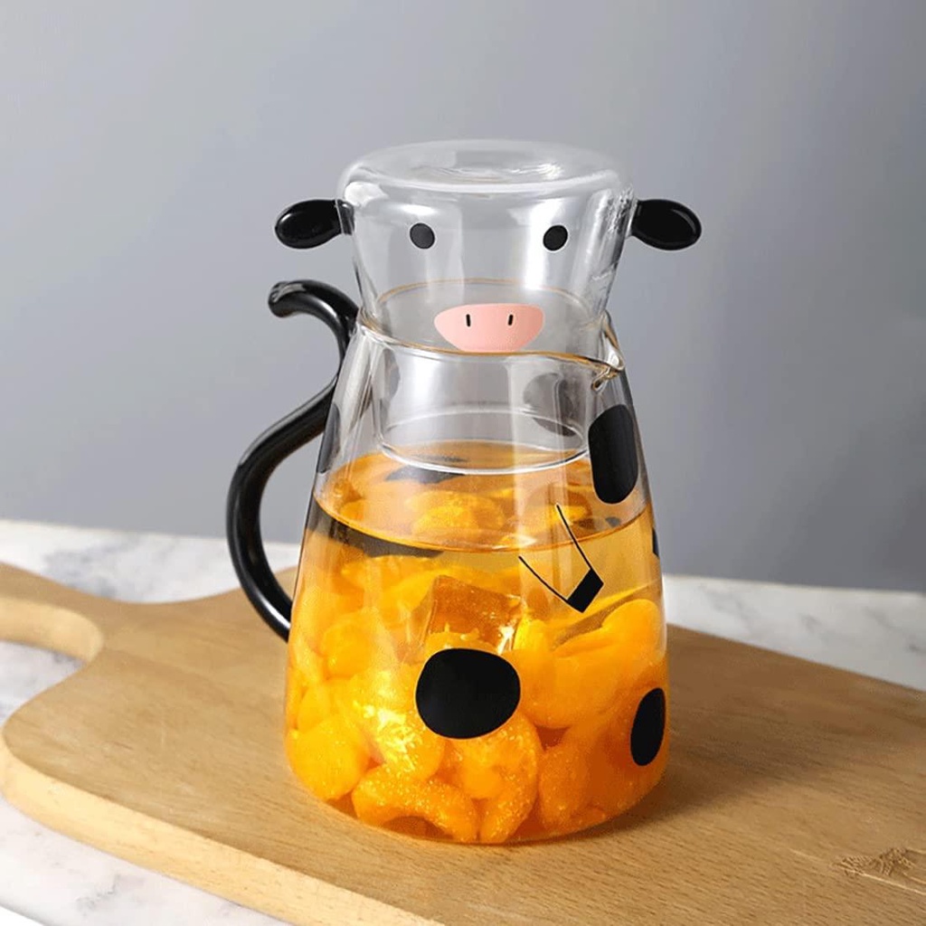 Glass Water Pitcher with Glass Cup, Cute Cow Bedside Carafe Set Glass ...