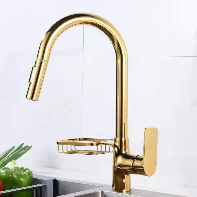 Shiny gold retractable full copper matte gray kitchen faucet hot and ...