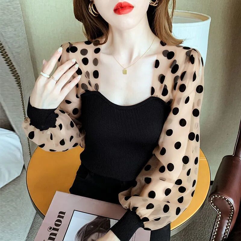 Polka Dot Mesh Blouse Women Korean Style Blouse Puff Sleeve Ice Silk ...