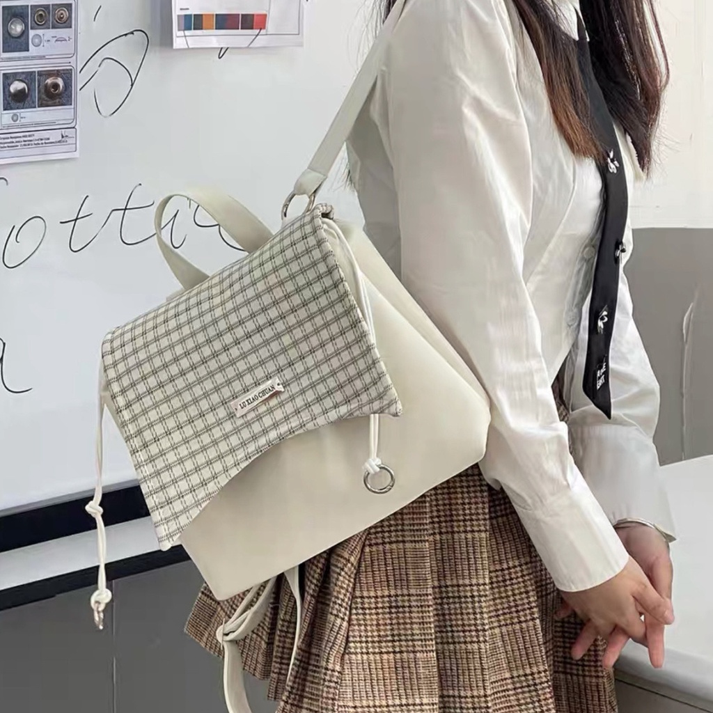 P Plaid Preppy Style Backpack High-End Hot Girl Soft Leather Large ...