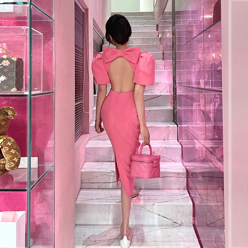 Light Pink Backless Bow Dress 2023 New French Temperament Waist-Tight ...