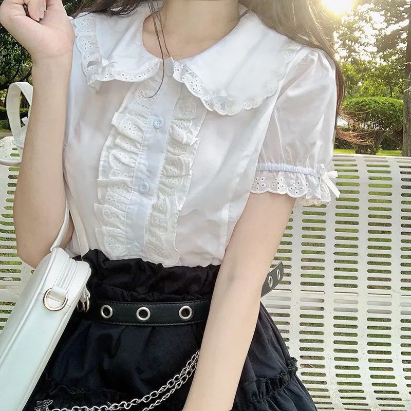 Lace Ladies Shirt Summer New Ruffle Ruched Cotton Shirt | Shopee ...