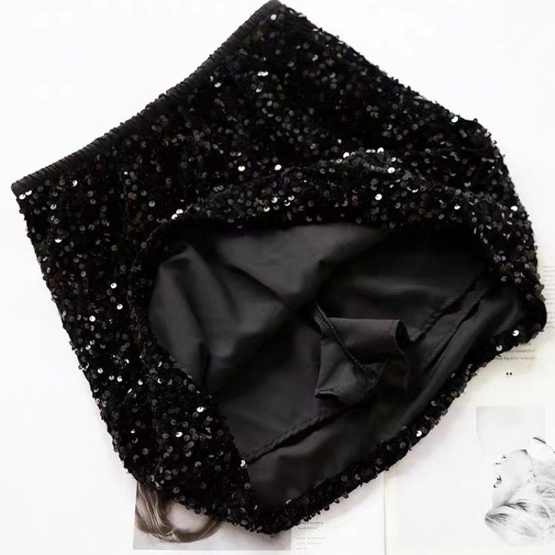 Velvet Sequined A-Line High Waist Short Skirt Women's Skirt Winter Shiny Skirt Black Slimmer ...