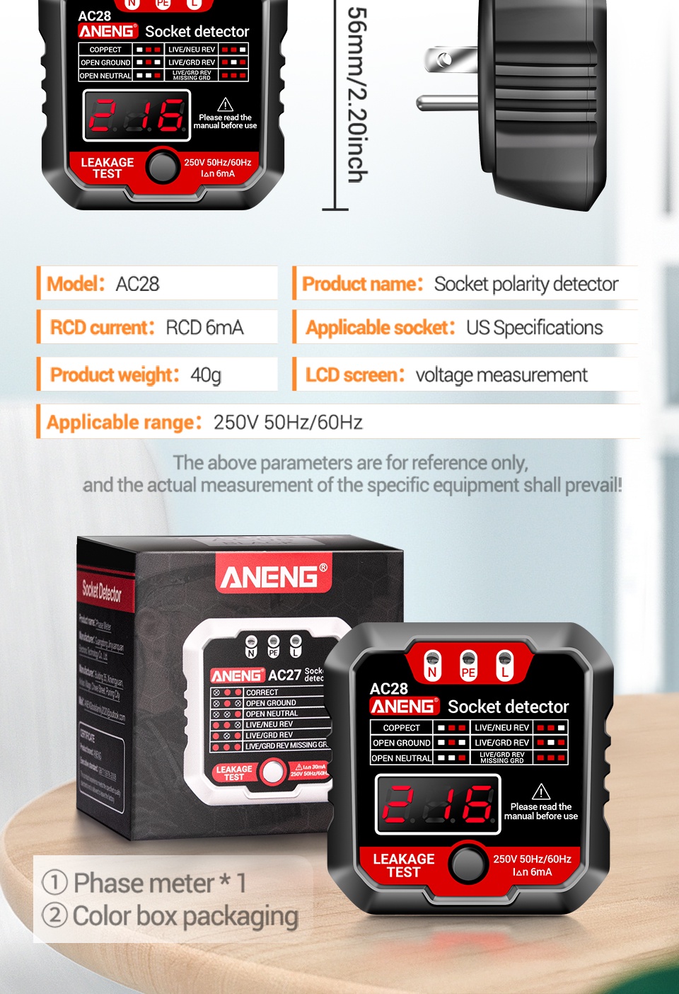 Aneng Ac28 Digital Socket Powe Tester 250V 50Hz/60Hz Polarity Detector ...