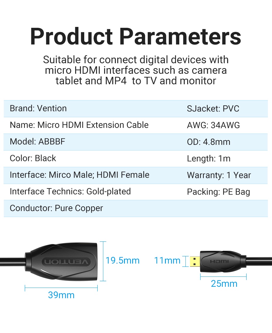 Vention Micro HDMI Adapter Micro MINI HDMI to HDMI Female Cable 1080P ...