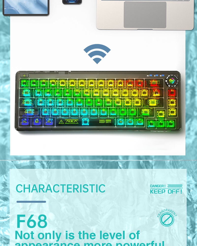 AULA F68 68 key Mechanical Keyboard 2.4G Bluetooth Wired Transparent ...