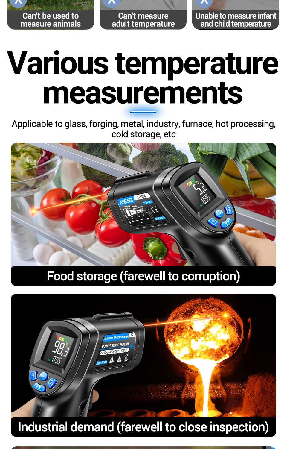 Aneng Th104 Digital Infrared Thermometer -50-550 Laser Sensor Thermal ...