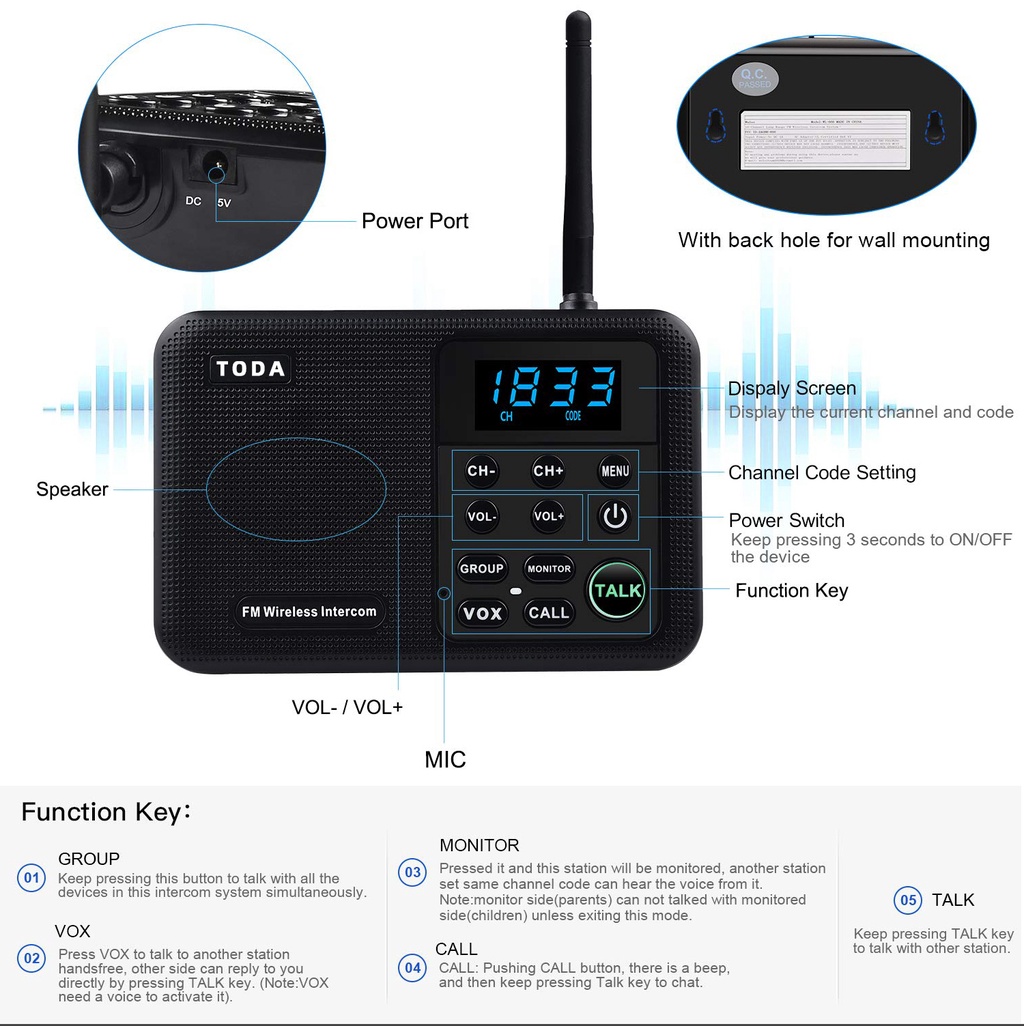 Intercom Wireless For Home 1 Mile Range 22 Channel 100 Digit Code ...