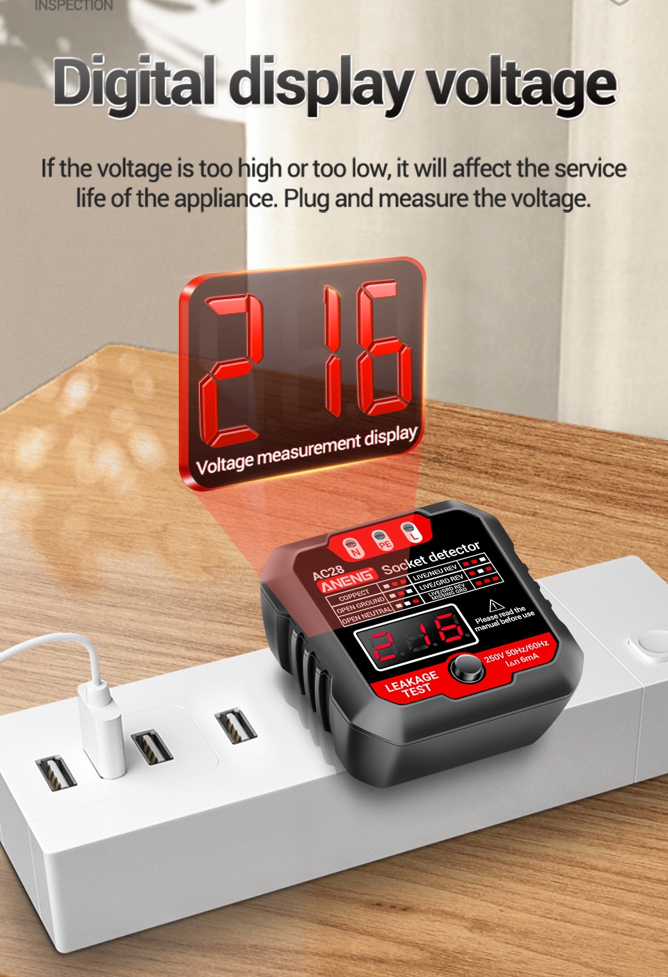 Aneng Ac28 Digital Socket Powe Tester 250V 50Hz/60Hz Polarity Detector ...